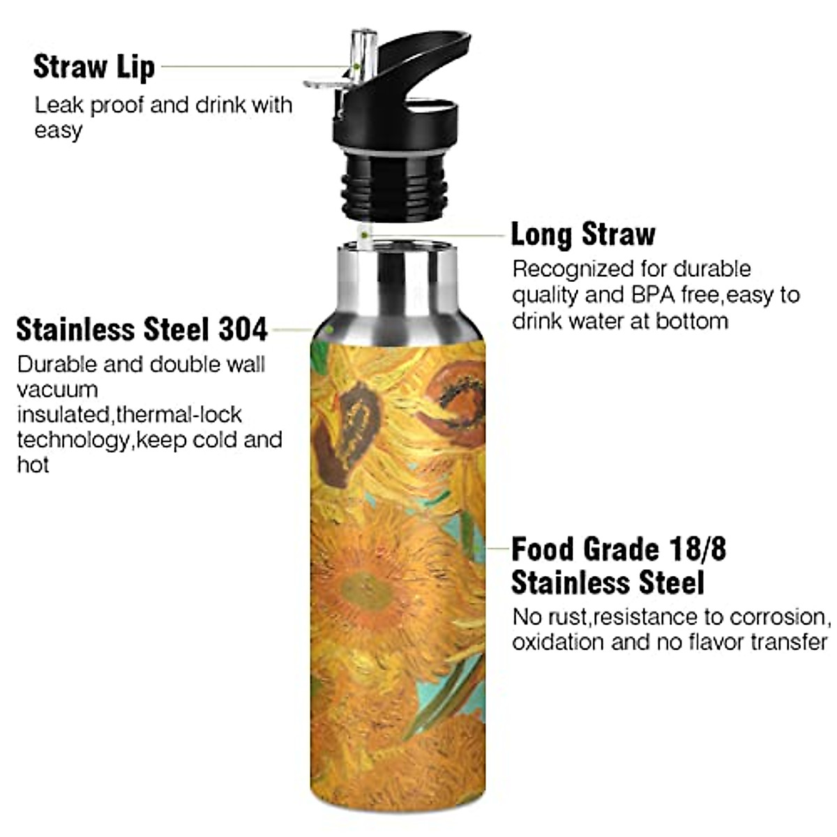 ALAZA Van Gogh Sunflower Water Bottle with Straw Lid Vacuum Insulated Stainless Steel Thermo Flask Water Bottle 20oz 11