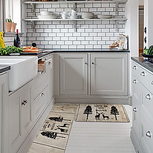 Kitchen Rugs Sets 2 Pces, Christmas Life is Better in The Woods Elk Deer Trees Silhouettes Rustic Old Wooden Floor Mats Non Skid Door Rugs Runner Rug for Kitchen, Bathroom, Living Room, Laundries