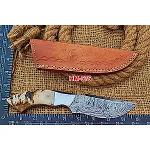 HUNTEX Handmade Hand-Forged Twist Pattern Damascus Steel 9 Inch Long Full Tang Natural Ram Horn Handle Razor Sharp Hunting Camping Boot Knife w/Genuine Leather Pouch