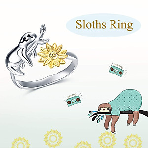 MONGAS Sloth Gifts for Women Sloth Rings Sunflower 925 Sterling Silver Sloth Lovers Gifts Christmas Jewelry Animal Ring for Women