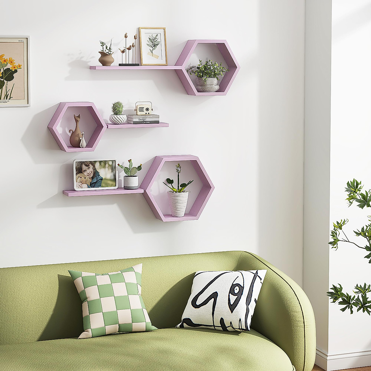 LUDORU Wooden Hexagon Floating Shelves Wall Mounted,Set of 6 Pine Hexagon Shelves Display for Photos,Plants,Rustic Honeycomb Shelves for Living Room,Bedroom,Bathroom, Kitchen, Office Decor, Pink
