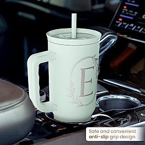 Personalized Monogrammed Tumbler with Handle 40oz, Letter E Tumblers Insulated Coffee Travel Cup, Custom Initial Gift for Women Girls Friends, Monogram Gift for Christmas Birthday Mothers Day