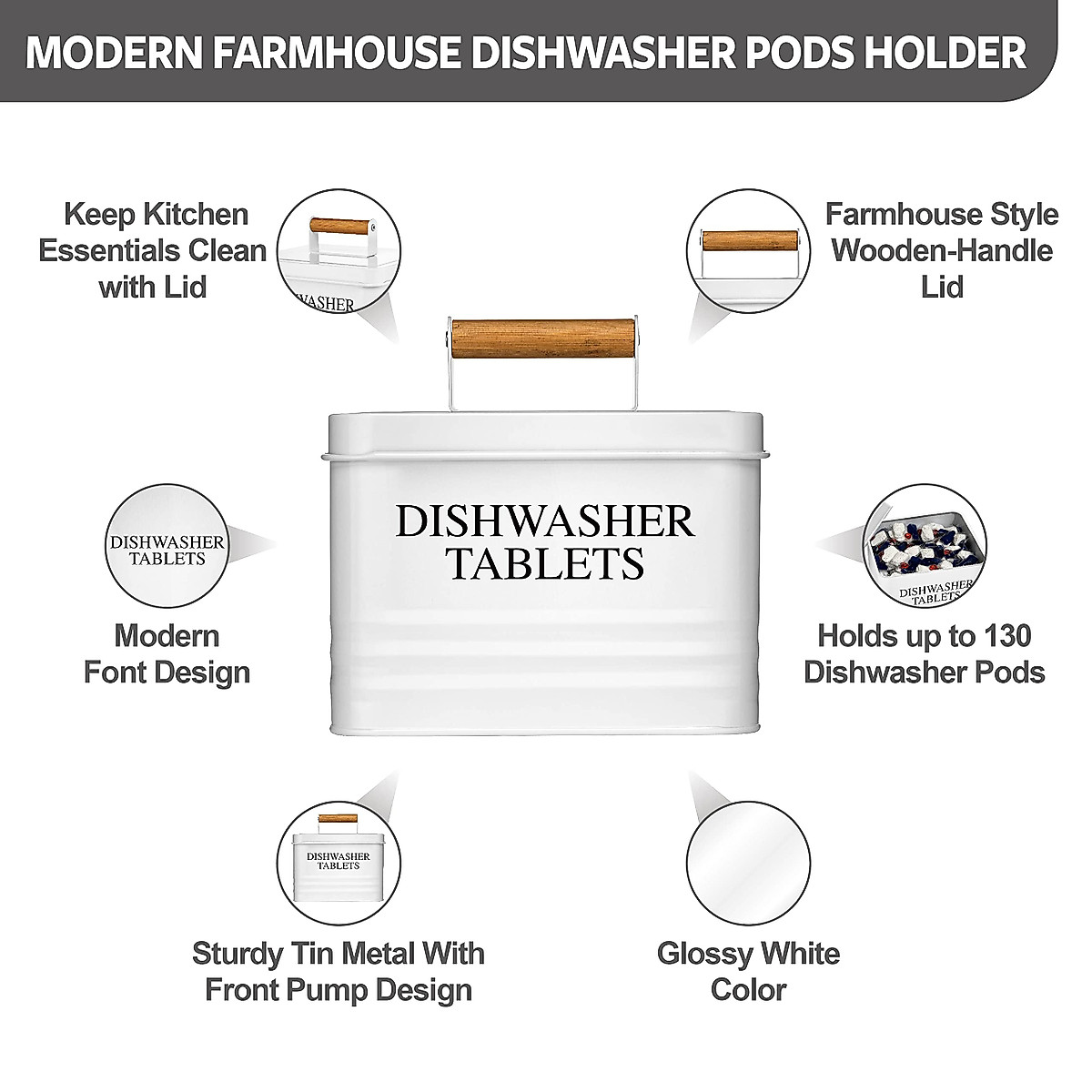 Calindiana Modern Farmhouse Metal Dishwasher Pods Container Holder with Lid for Kitchen Organization and Storage, Kitchen Essentials Decor Accessories, White