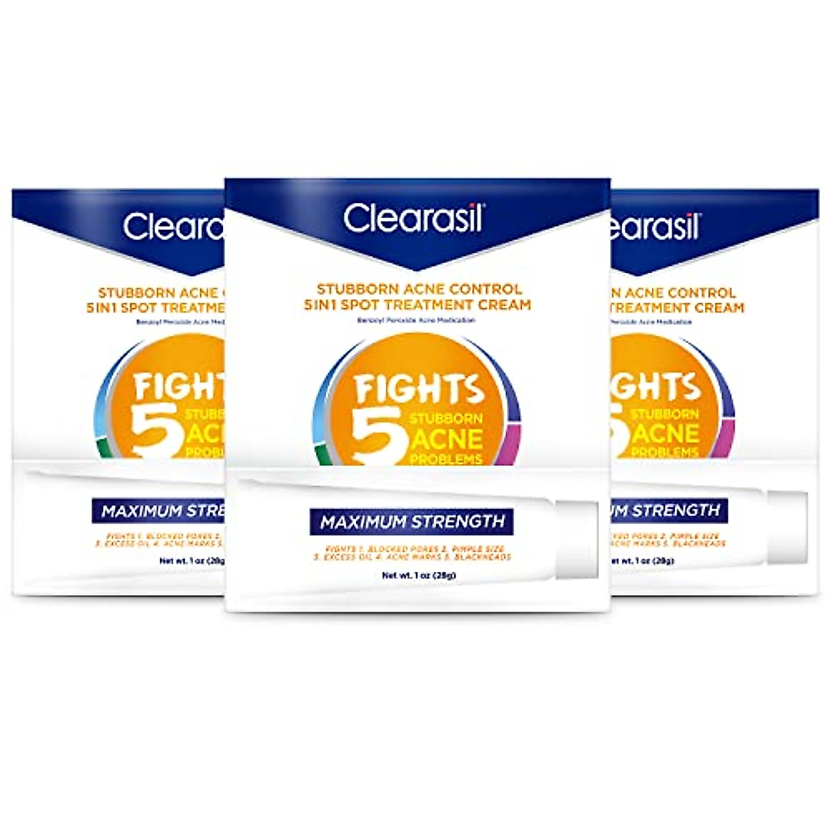 Clearasil Stubborn Acne Control 5-in-1 Spot Treatment Cream with Benzoyl Peroxide Acne Medication to Clear Acne, 1 Ounce (Pack of 3)