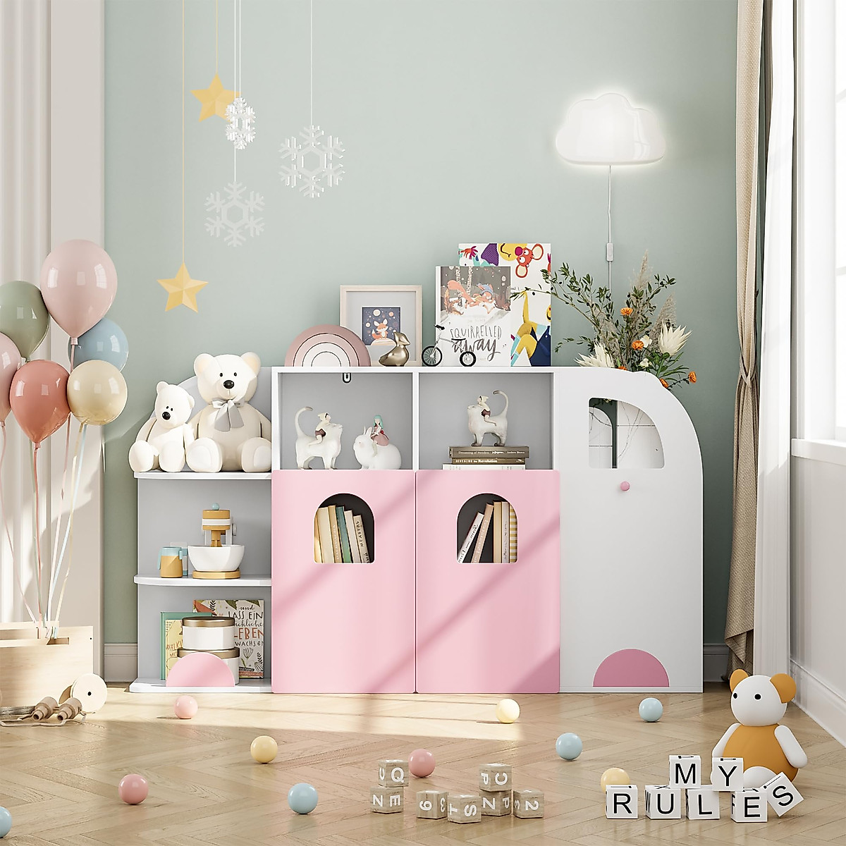 FACBOTALL Kids Bookshelf in The Shape of Truck, 3-Tier Toy Storage Organizer with Two Doors, Toddler Bookcase and Toy Storage for Living Room, Kindergarten, Playroom, Nursery, Pink and White