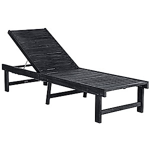 Safavieh Outdoor Collection Inglewood Grey Acacia Wood Cushion Chaise Lounge Chair PAT6723K, Dark Slate Gray/Beige