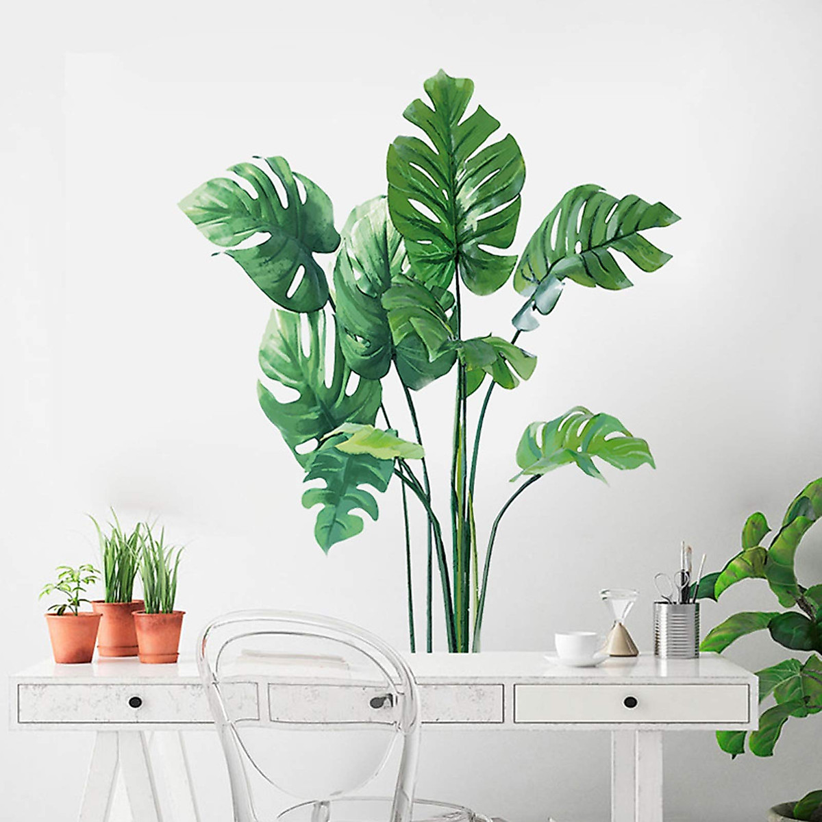 Leaf Wall Decals Monstera Leaf Tropical Plants Wall Stickers for Living Room, Palm Leaf Wall Posters Natural Green Plants Art Murals Vinyl Wallpaper for Bedroom Nursery Office