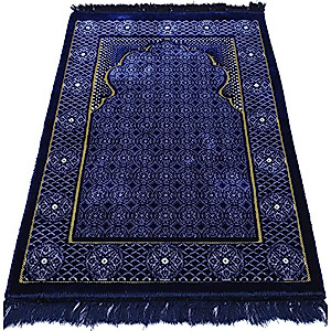 Modefa Turkish Islamic Prayer Rug - Traditional Muslim Janamaz Sajada - Plush Velvet Praying Mat Carpet for Men and Women - Ramadan or Eid Gift - with Kufi Cap & Beads - Floral Stamp Ipek - Blue 2