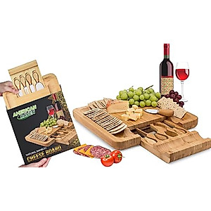 Organic Bamboo Cheese Charcuterie Cutting Board with Cutlery & Knife Set, Includes 4 Stainless Steel Serving Utensils, Wooden Serving Tray for Meat Platter, Fruit & Crackers