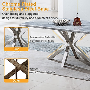 Pvillez Grey Marble Dining Table for 8-10 Person, 78" Rectangle Marble Top Dining Table with Gloss Silver Stainless Steel Pedestal Base, Mid Century Modern Dining Table for Kitchen Dining Room Dinner