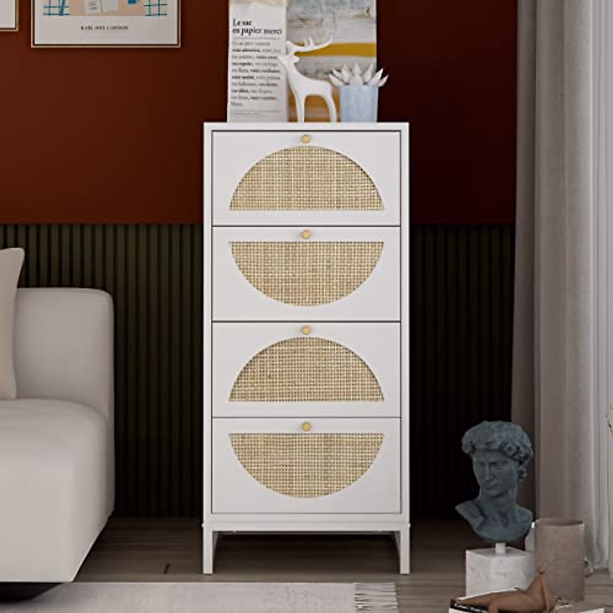 SSLine Wood&Rattan 4 Drawer Dresser 35" Tall Bedside Table Accent Storage Cabinet with Semi-Circle Wicker Drawers White Bedroom Nightstand Chest of Drawer w/Metal Frame for Living Room Entryway