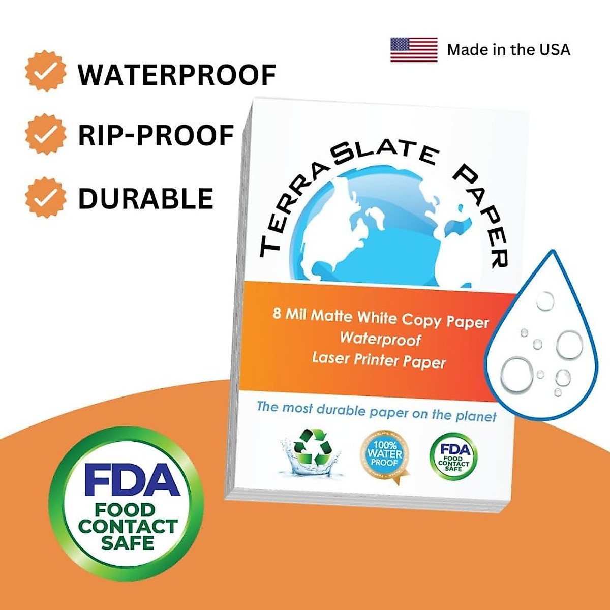 TerraSlate Premium Waterproof Printer Paper, 8 MIL 8.5 x 11 Inches, Durable & Heavy-duty paper (100 Sheets)