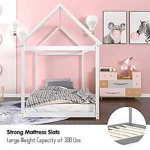 Costzon Twin House Bed Frame, Stable Wood Kids Platform Floor Bed w/Roof & Heavy-Duty Slats No Box Spring Needed, Freely DIY, Kids Bed for Toddlers Teens Boys Girls (White)
