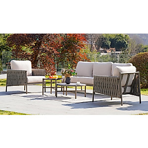 Grand patio 5-Piece Outdoor Furniture Set, Outdoor Sofa Set with 2 Round Side Tables, Modern Metal Outdoor Couch with 6-inch Thick Waterproof Cushions for Patio Porch Deck Backyard