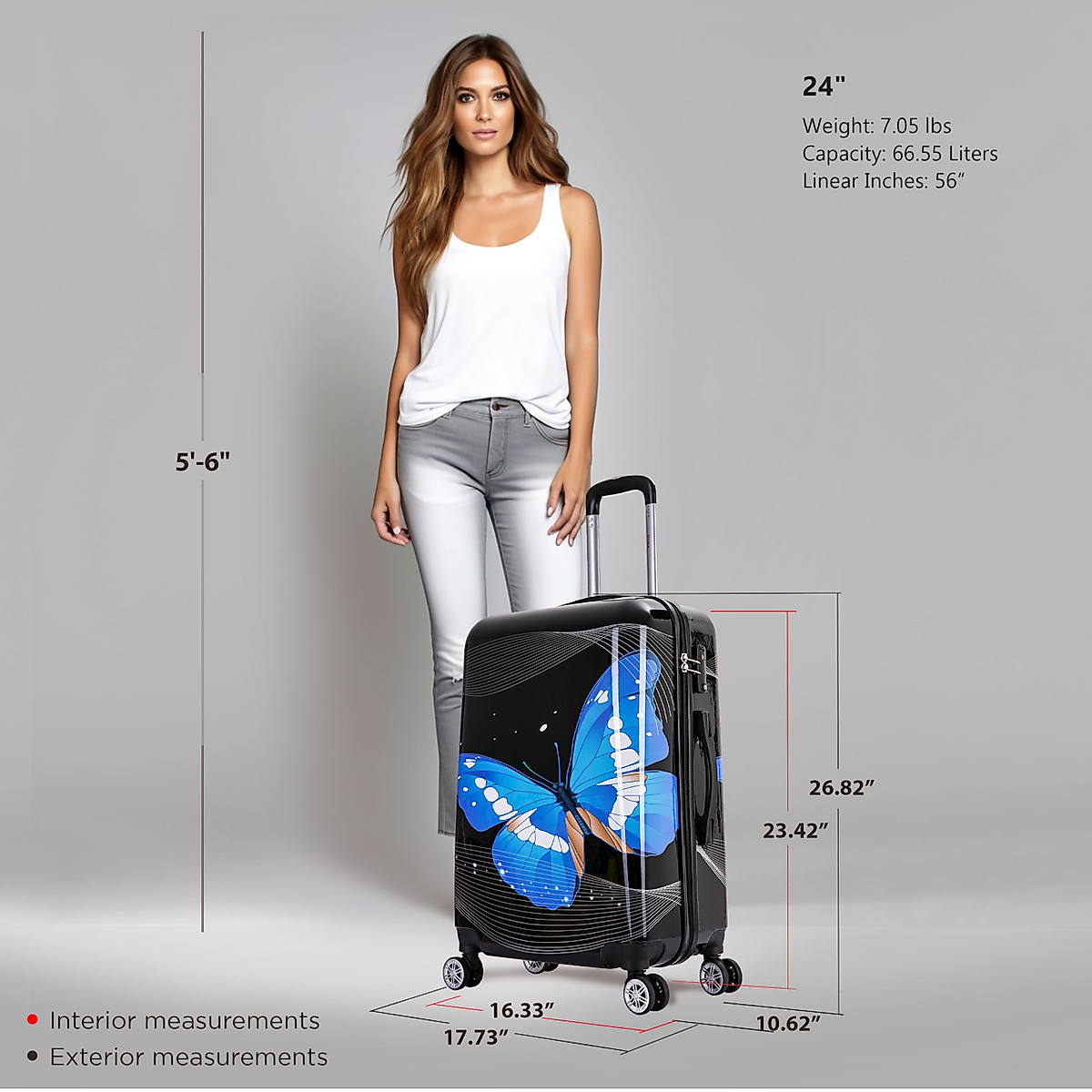 InUSA Black Butterfly Print Luggage with Spinner Wheels | Durable Lightweight Hardside Suitcase | Travel Bag with Handle and Trolley | 24-Inch Medium Checked luggage