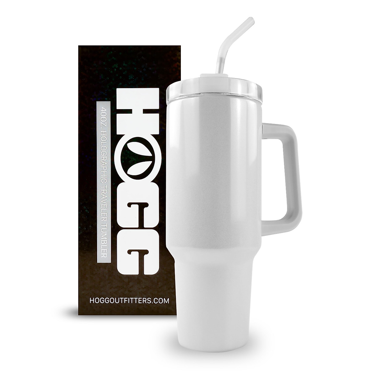 Hogg 40oz Sublimation Tumbler Holographic Traveler - White Shimmer, Blank Sublimation Tumblers with Handle, Bulk Tumblers with Lids, Straws, Removable Handle, 40 oz Sublimation Tumbler