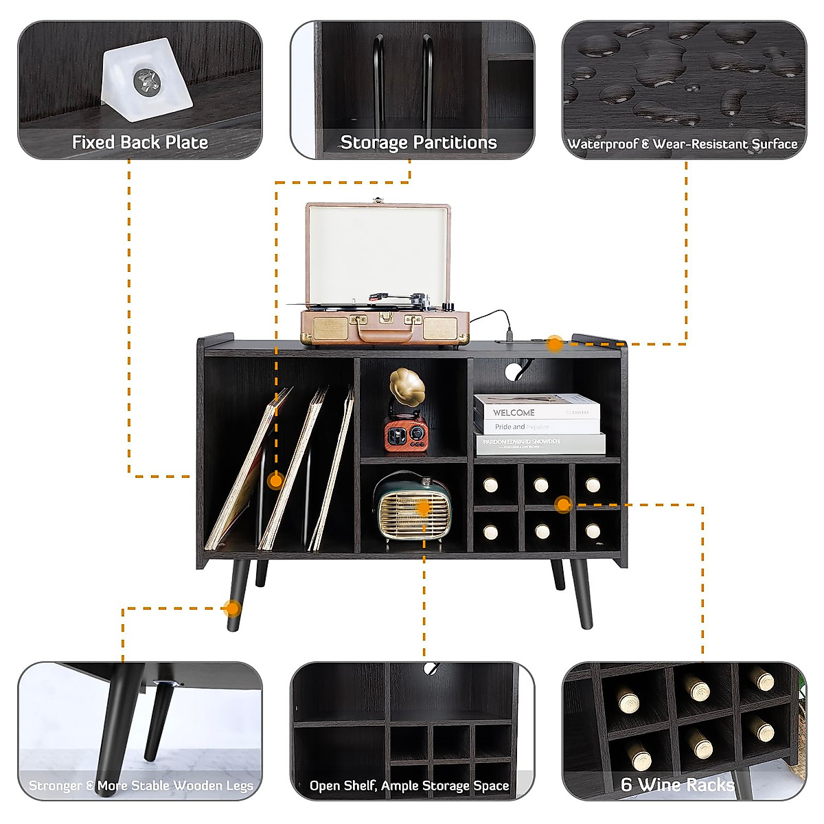 INFANZIA Vinyl Record Player Stand, Large Wooden Turntable Stand Holds Up to 200 Albums, Mid-Century Record Storage with Power Outlets, Record Organizer Cabinet for Living Room, Bedroom, Office