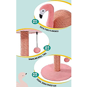 PETEPELA Cat Scratching Post, Flamingos Natural Sisal Cat Scratcher with Interactive Toy Ball and Extra Replacement Sisal Scrathing Pole for Kittens and Small Cats Pink