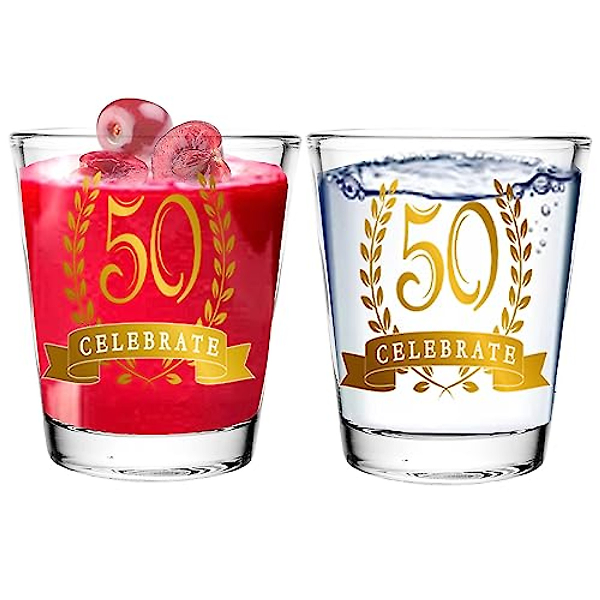 BISYATA 50th Birthday Gift or Birthday Decoration for Women Men - 50 Celebrate - 50th Shot Glass Set of 2-50th Gold Anniversary Decoration or Gift - 2oz - With Gift Box
