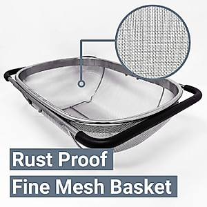 Makerstep Over the Sink Colander Strainer Basket Stainless Steel, For Kitchen Sink with Rubber Grip, Fine Mesh, Large Kitchen Gadgets Tools, Expandable Sink Strainer Home Kitchen Essentials