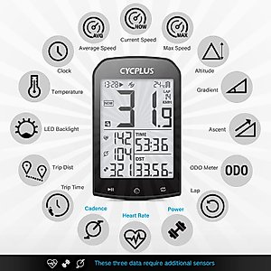 CYCPLUS GPS Bike Computer Waterproof Bicycle Speedometer and Odometer ANT+ Wireless Cycling Computer Compatible with App 2.9 Inch LCD Display with Backlight