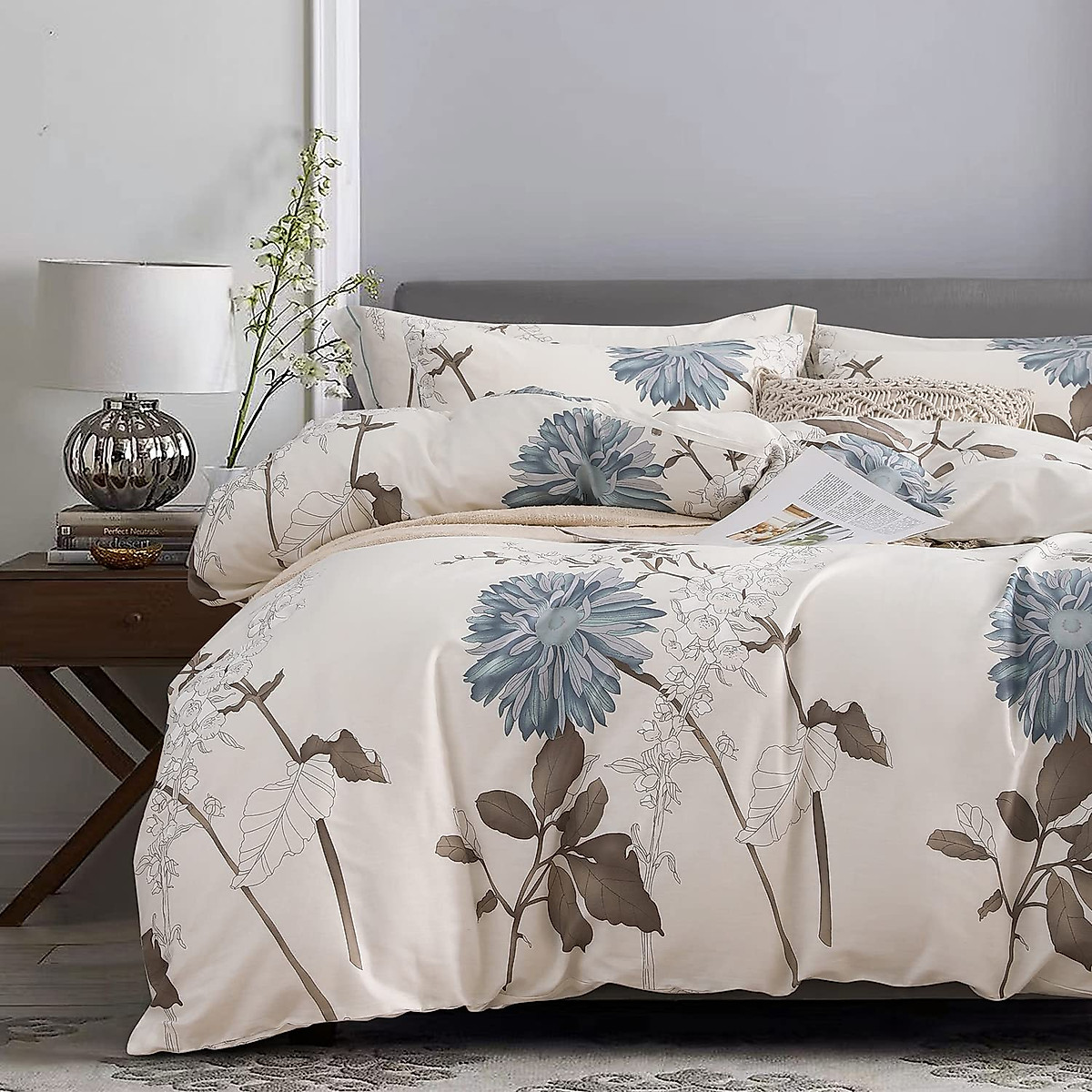 SLEEPBELLA Comforter King Size, 600 Thread Count Cotton Brown Branches and Blue Flowers Off-White Comforter Sets, Down Alternative Bedding Set 3Pcs(King, Off-White Botanical)