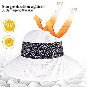 Womens Straw Sun Hat Summer Beach Wide Brim UV Protection Hats with Chin Strap Leopard White Floppy Foldable Packable Ladies Fashion Cute Bowknot Travel UPF 50 Cap for Girls