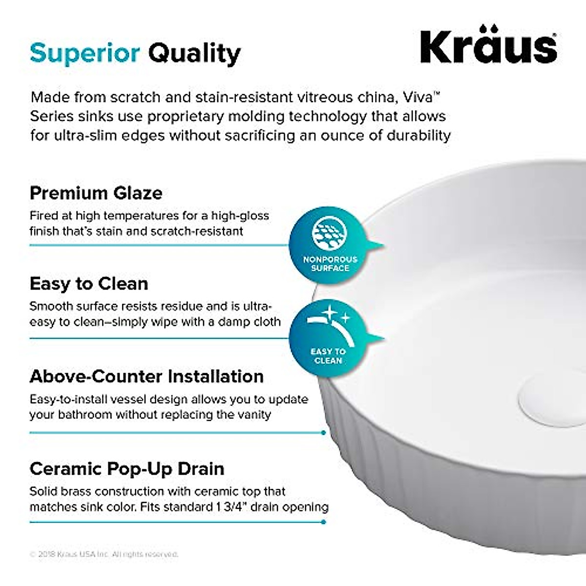 KRAUS Viva™ Round White Porcelain Ceramic Vessel Bathroom Sink with Pop-Up Drain, 15 3/4 in. D x 4 3/4 in. H, KCV-201GWH