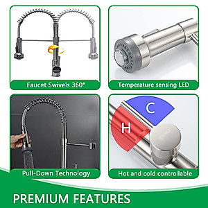 ECHLI Kitchen Sink Faucet, Pull Down Spring Single Handle Stainless Steel Faucet with Sprayer with LED Light for bar Laundry and Utility Sink faucets(Brushed Nickel)