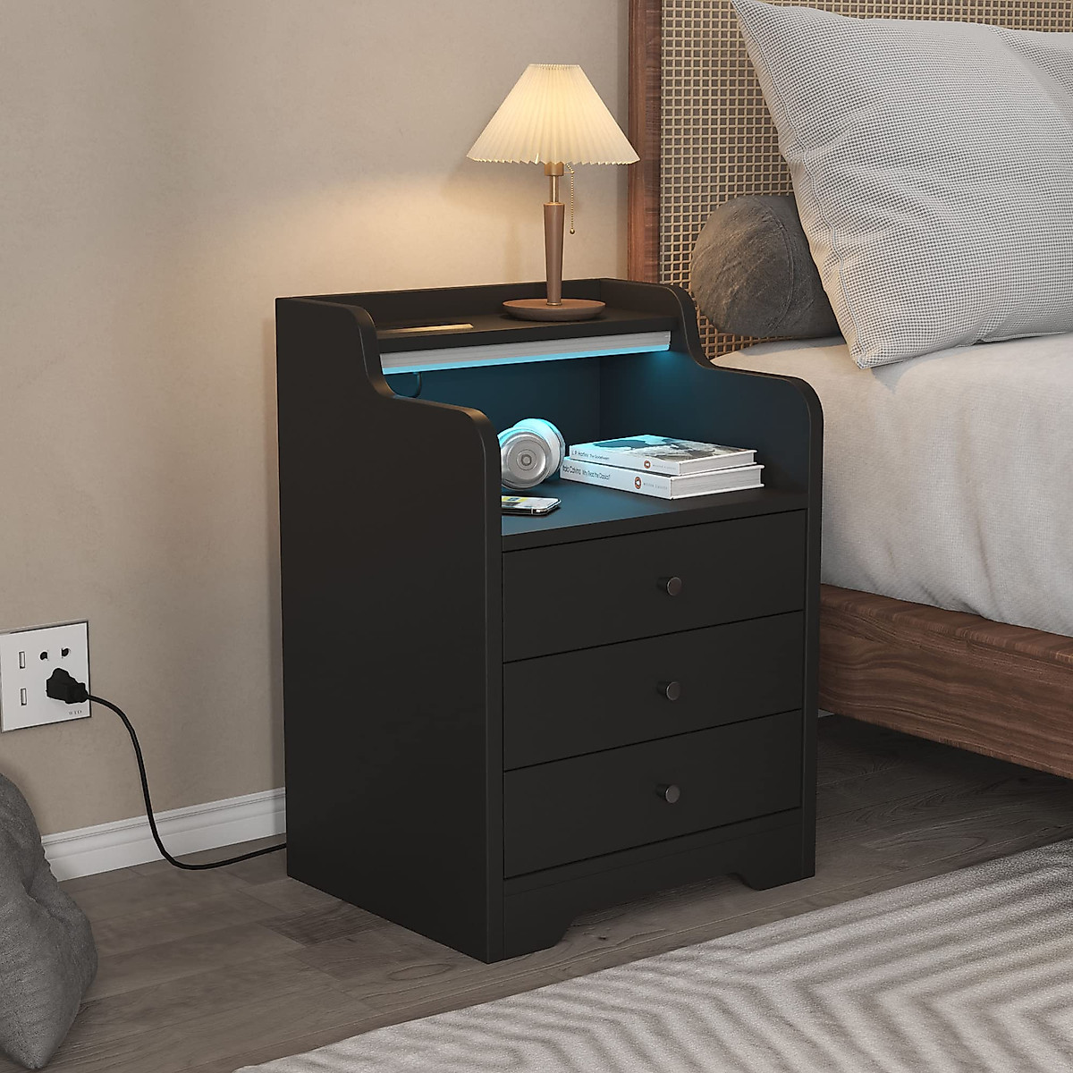 Gdvsclr Nightstand with Charging Station, Nightstand with LED Lights, 3 Drawers Bedside Table for Bedroom/Dormitory, Led Nightstand with Open Storage Shelf, 3 USB Ports & 2 Outlets, Black