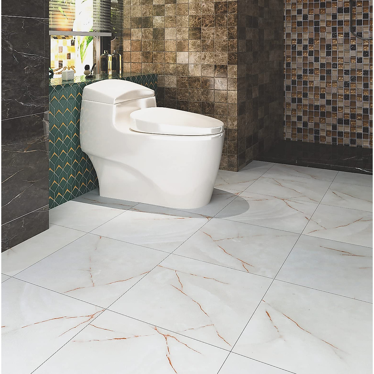 FunStick 30 Pack Grey Vinyl Flooring Peel and Stick Floor Tiles 12x12 Inch Pink Marble Waterproof for Bathroom and Kitchen