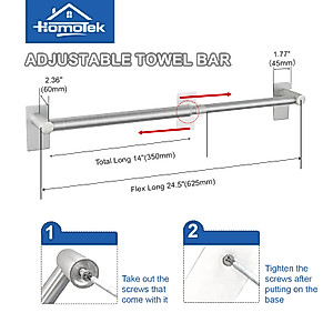 HOMOTEK Towel Bar Adjustable Self Adhesive Bathroom Towel Holder, Towel Rod Size from 14 Inch to 24.5 Inch Single Towel Racks, Towel Hanger Towel Hook for Bathroom, Kitchen(2 Pack Brushed Nickel)