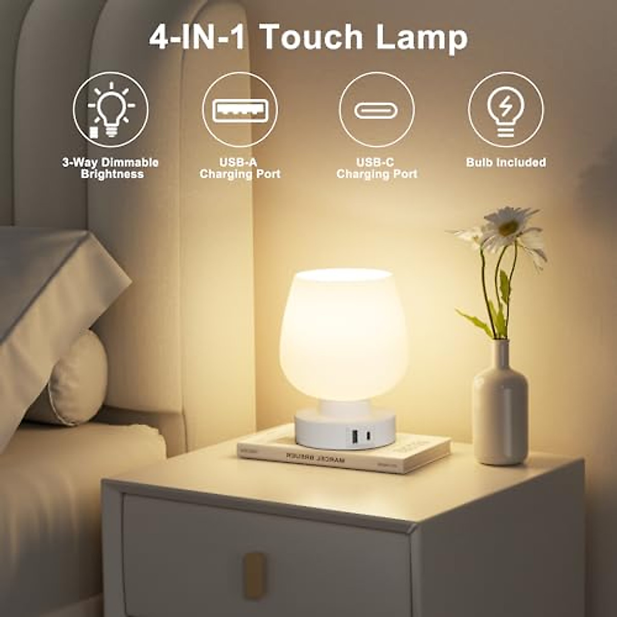 Kakanuo Bedside Table Lamp with Glass Shade, Touch Control, Dual USB A+C Charging Ports, Nightstand Lamp, 3-Way Dimmable, Bulb Included