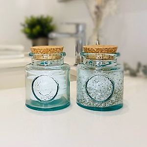 DESIGNED BY VSM, Small Apothecary Jars With Cork Lids, Made Of 100% Recycled Glass | Bathroom Decor Aesthetic, Cotton Ball Holder, Qtip Holder, Bath Salt Container, Vanity Decor, 3pack, Made in Spain.
