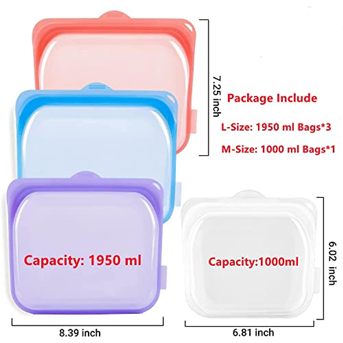 INKBIRD Reusable Silicone Bags for Food Storage Bundle 4-Pack, BPA Free Food Grade Meal Prep Food Storage Containers Set, for Lunch, Travel, Freezer, Oven, Microwave, Dishwasher Safe, Leakproof