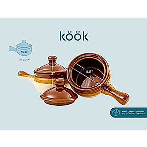 French Onion Soup Crocks with Lids, by Kook, Ceramic Bowls, Large Handles, Dishwasher, Microwave, Oven & Broil Safe, Brown/White, Set of 4, 15 oz, Puebla Collection