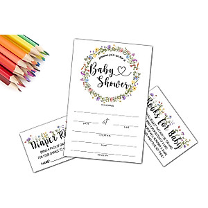 Baby Shower Invitation Kit, Diaper Raffle Games, Books For Baby, Greenery Boho Floral Baby Gender Reveal Fill In Invites Cards, Each Design 25 Cards & 25 Envelopes （A Total of 100 set）- BABYSET-013