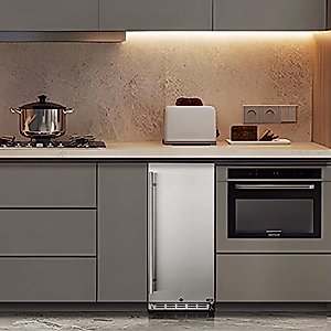 HCK Beverage Refrigerator 15 Inch, Under Counter Beverage Fridge with Stainless Steel Door, 3.18 cu.ft Built-in and Freestanding Outdoor Mini Fridge for Patio, Outdoor Kitchen, Soda and Beer