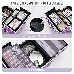 Frenessa Makeup Train Case Cosmetic Box Organizer Storage Portable 4 Trays Jewelry Storage Organizer with Lockable Dividers for Makeup Artist, Crafter, Makeup Tools Traveling Makeup Case Purple
