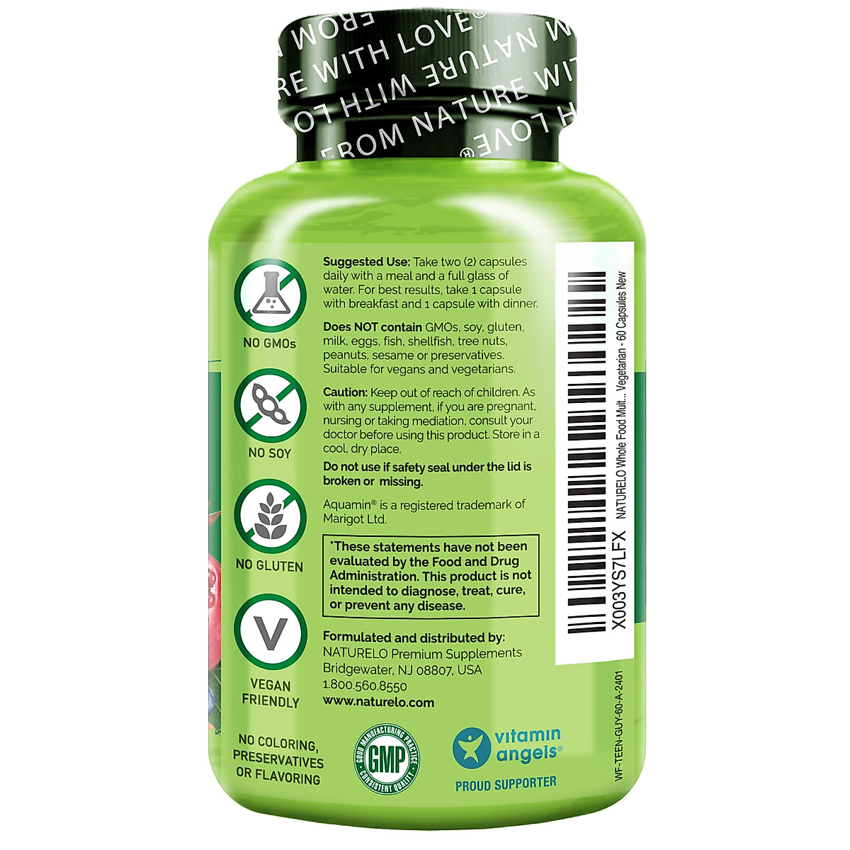 NATURELO Whole Food Multivitamin for Teenage Boys - Vitamins and Minerals Supplement for Active Kids - with Plant Extracts - Non-GMO - Vegan & Vegetarian - 60 Capsules