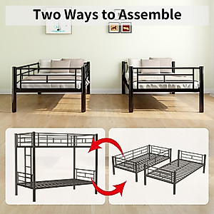 QSOSTNS Twin Over Twin Metal Bunk Bed for Juniors, Industrial Twin Bunk Beds Frame with Ladder & Full-Length Guardrail, Space-Saving, Easy Climbing & Assemble (Black)