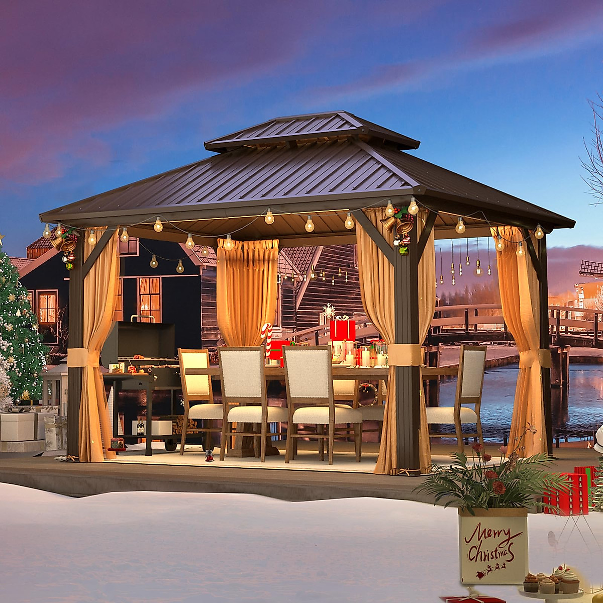 MELLCOM 10'x12' Hardtop Gazebo, Metal Double Roof Aluminum Gazebos with Curtain and Netting,Brown Permanent Galvanized Steel Pavilion for Patio, Lawn & Deck