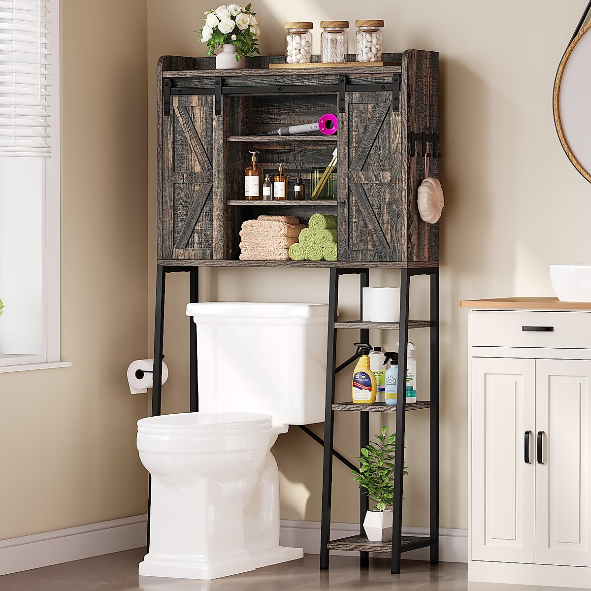 YITAHOME Over The Toilet Storage Cabinet, Bathroom Shelves Over Toilet Above Toilet Storage with Side Storage Rack, Tissue Reel and Hooks Over The Toilet Organizer for Bathroom, Laundry, Oak