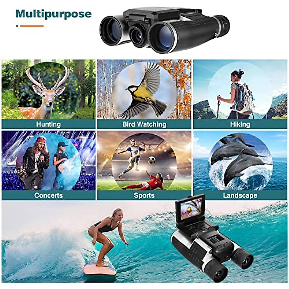 Acuvar 5 Mega Pixel Digital Camera/Video Photo Recorder 12X32 Binocular w/ 2.4" LCD Screen, 32GB SD Card, 50" Tripod, Card Reader, 6PC SD Holder & Travel Bag for Bird Watching Football Game or Concert