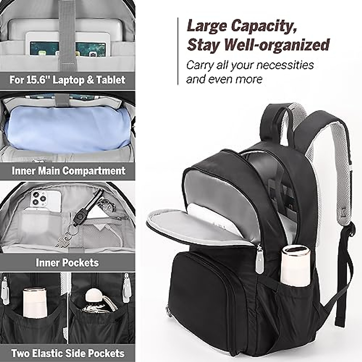 MoKo Womens Gym Backpack, Large Travel Backpack with Shoe Compartment Sports Bag with Wet Pockets 15.6 Inch Laptop Backpack Water Resistant Anti Theft Back Pack for Women Gifts, Black/Gray