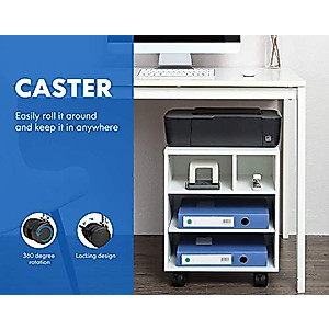FITUEYES White Printer Stand, Under Desk Mobile Printer Table with Adjustable Storage Compartments, Home Office Wood Work Cart with Wheels, PS404005WW