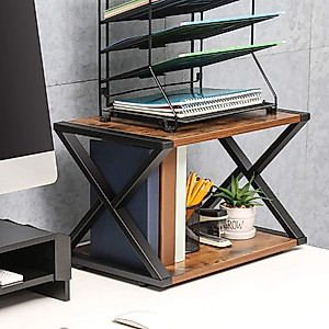 FITUEYES Desktop Printer Stand, Desk Printer Shelf for Small Space Storage , 2 Tiers Stackable Book Shelf Printer Table Organizer with Adjustable Feet for Home Office, Wood & Steel, (Rustic Brown)