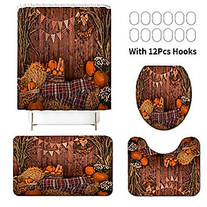 4Pcs Rustic Banner Pumpkins Farmhouse Shower Curtain Set with Non-Slip Rugs, Toilet Lid Cover Bath Mat, Pumpkins Maple Leaves Shower Curtain with 12 Hooks for Bathroom (Rustic Banner Pumpkins)
