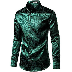 ZEROYAA Men's Luxury Jacquard Long Sleeve Dress Shirt Shiny Satin Slik Like Wedding Party Prom Shirts ZLCL27-Emerald Large