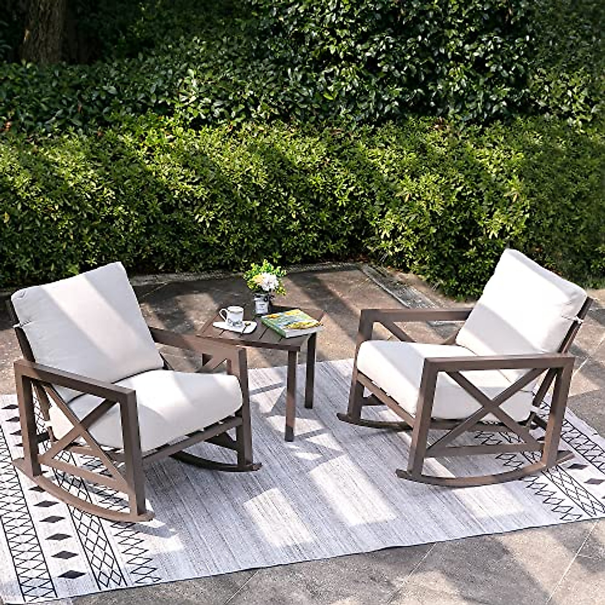 NATURAL EXPRESSIONS Rocking Bistro Set, 3 Piece Outdoor Patio Conversation Furniture Set with 2 Rockers and 1 Metal Coffee Table with Thick Cushions for Backyard,Porch,Poolside,300lbs Weight Capacity